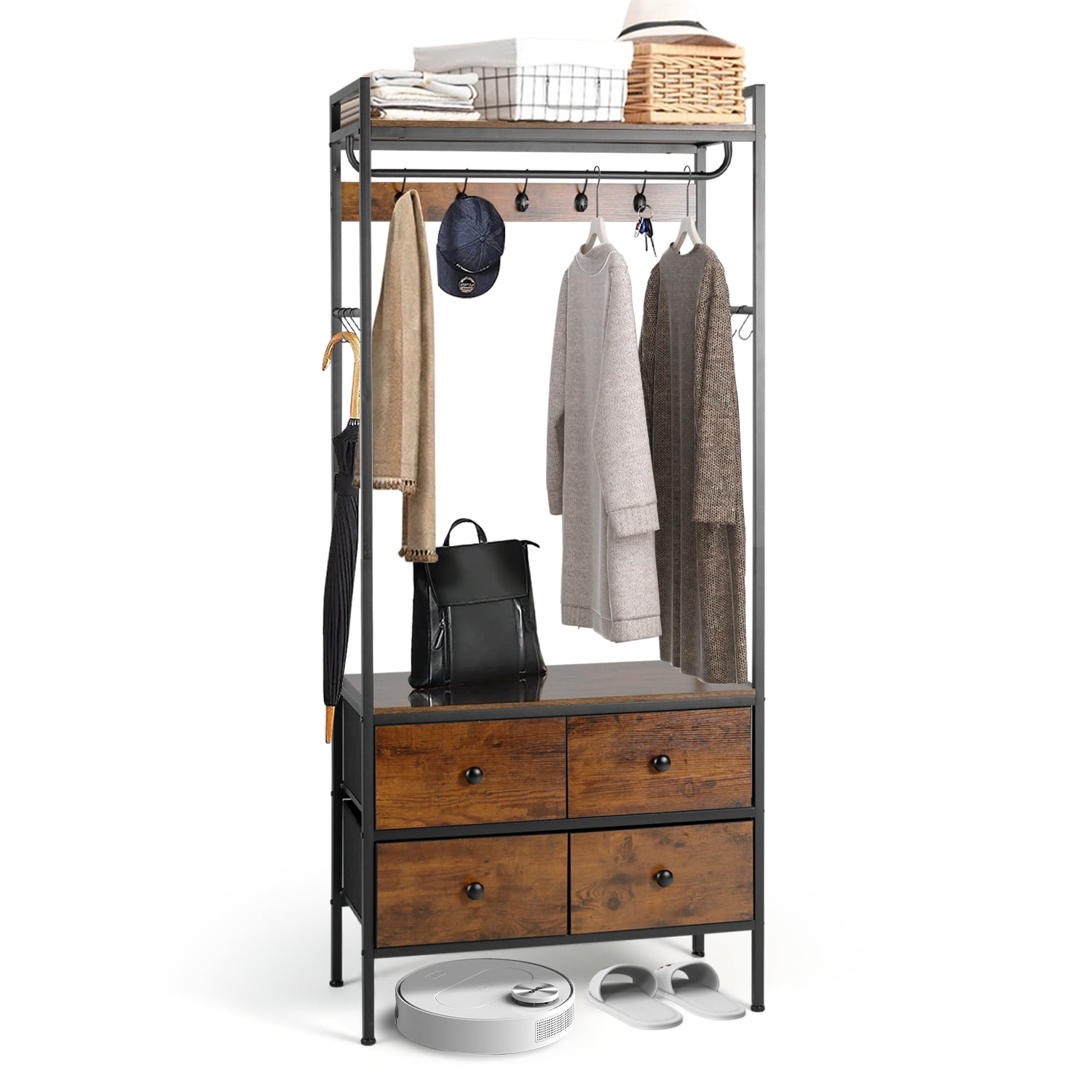 Free Standing Clothes Rack Shelves Coat Rack Hall Tree with Industrial ...