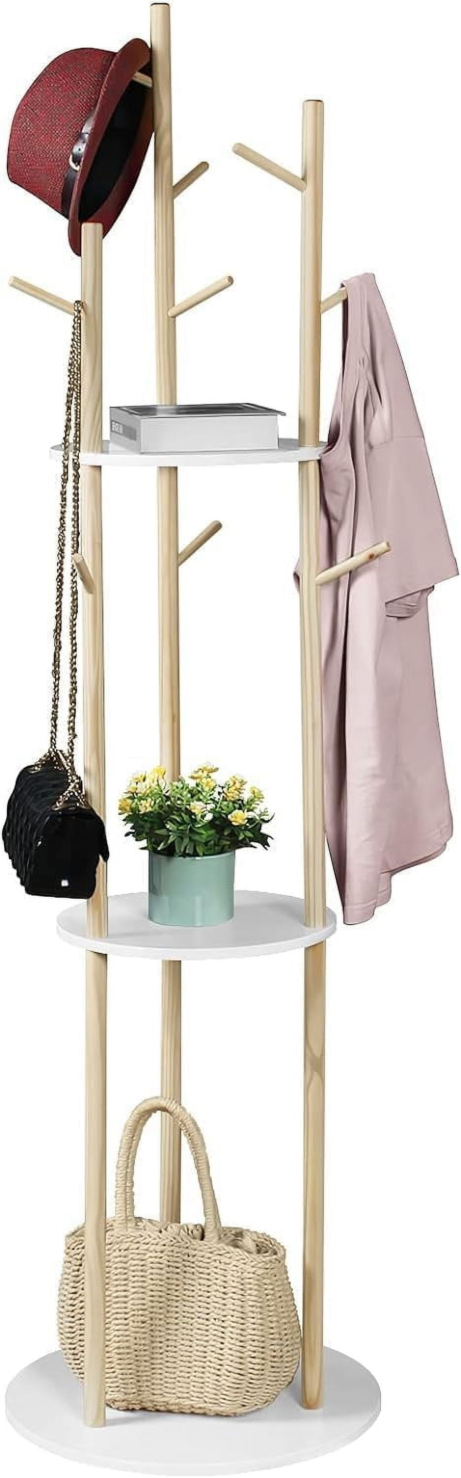 Free-Standing Coat Rack with Shelf and 9 Hooks, White Wooden Coat Tree ...