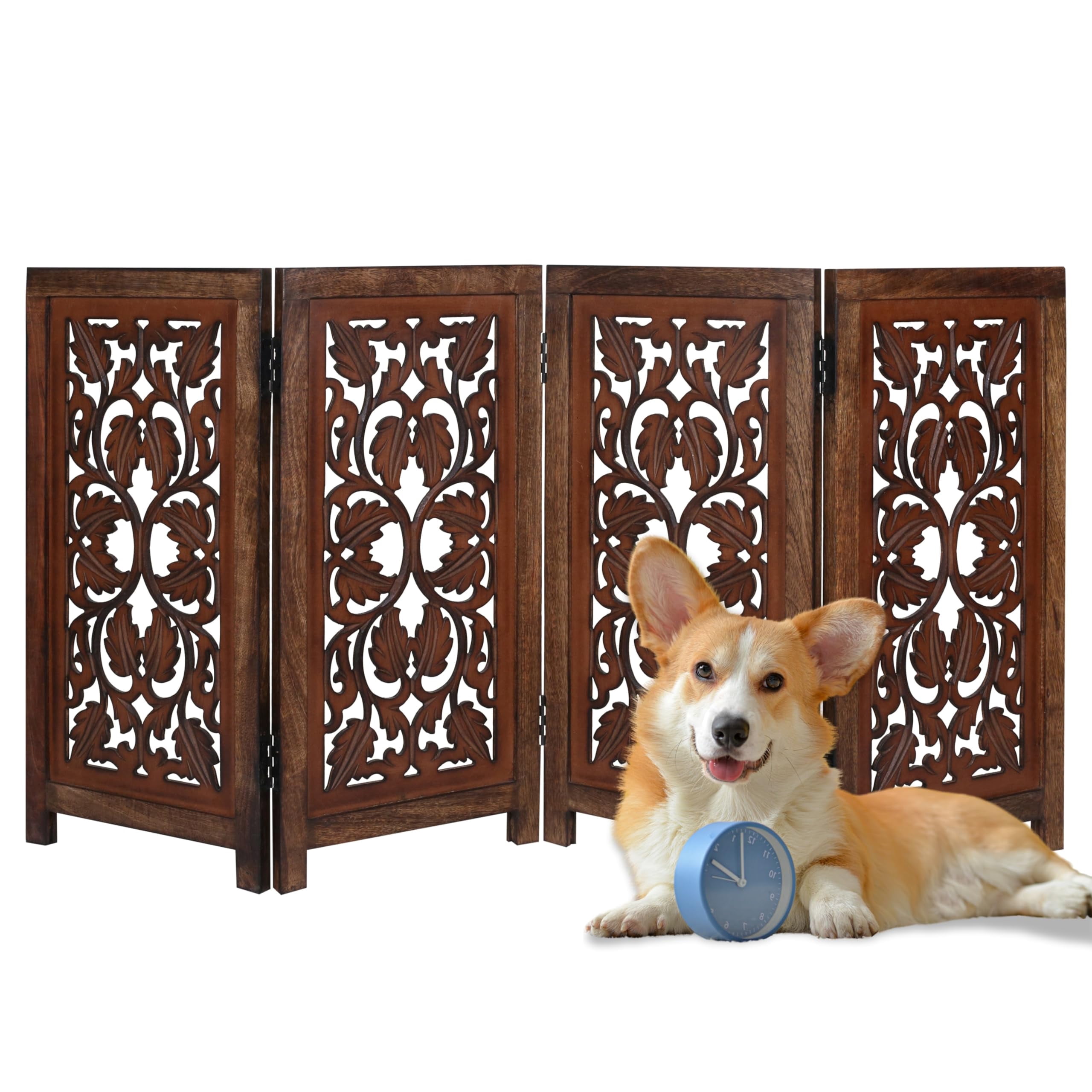 The Wooden Town Foldable Free Standing Pet Gate, 4-Panel Wooden Dog ...