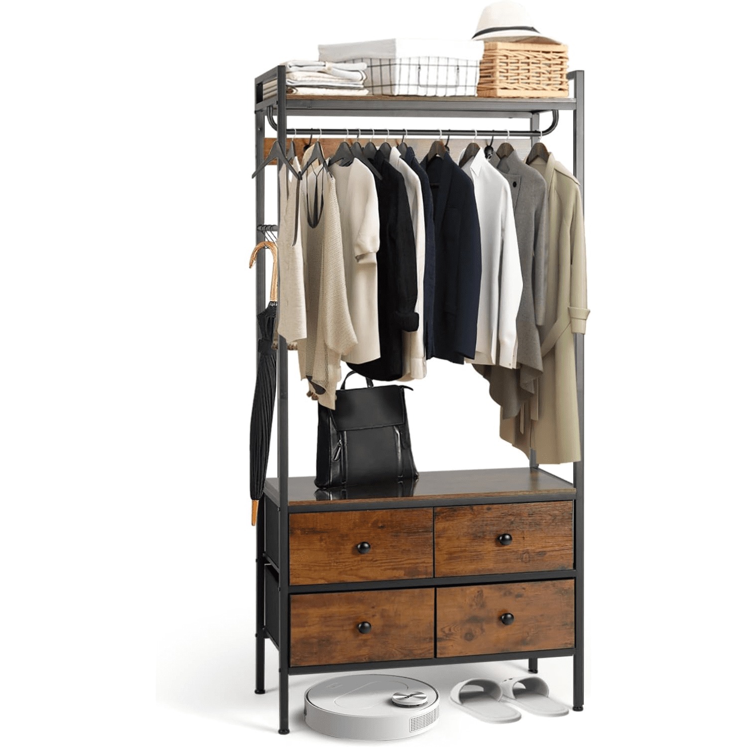 Free Standing Garment Rack Shelves Coat Rack Hall Tree with Industrial ...