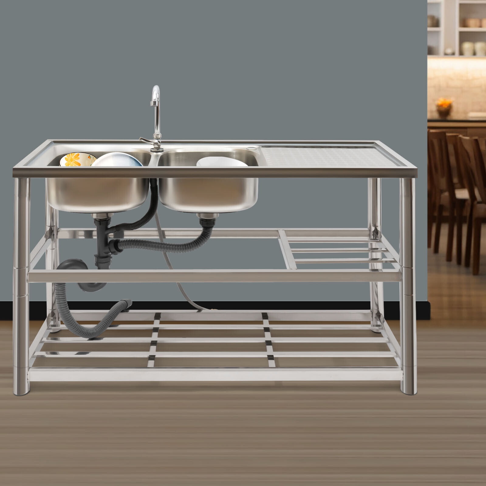 Free Standing Stainless-Steel Double Bowl Commercial Restaurant Kitchen ...
