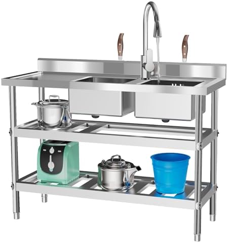 Free Standing Stainless-Steel Double Bowl Commercial Restaurant Sink ...