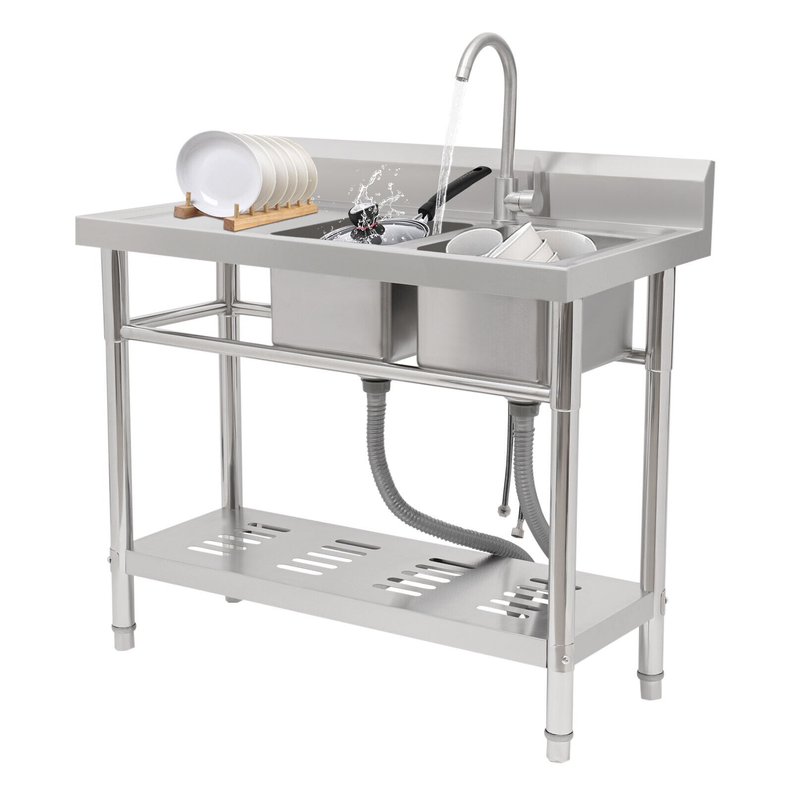 Free Standing Stainless Steel Sink Rectangle Commercial Double Basin ...