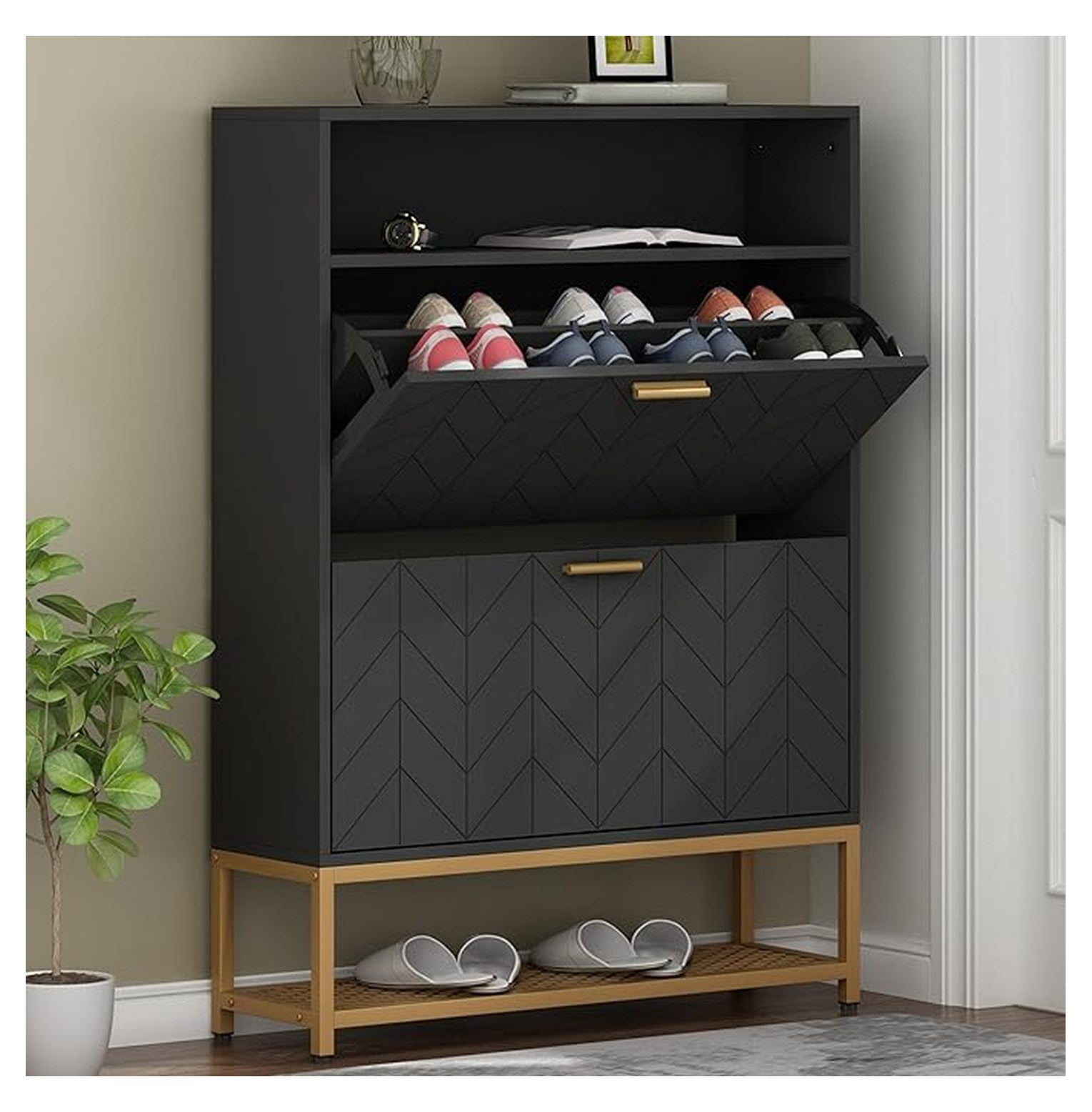 Free Standing Tipping Bucket Shoe Rack Organizer with 2 Drawers, Narrow ...