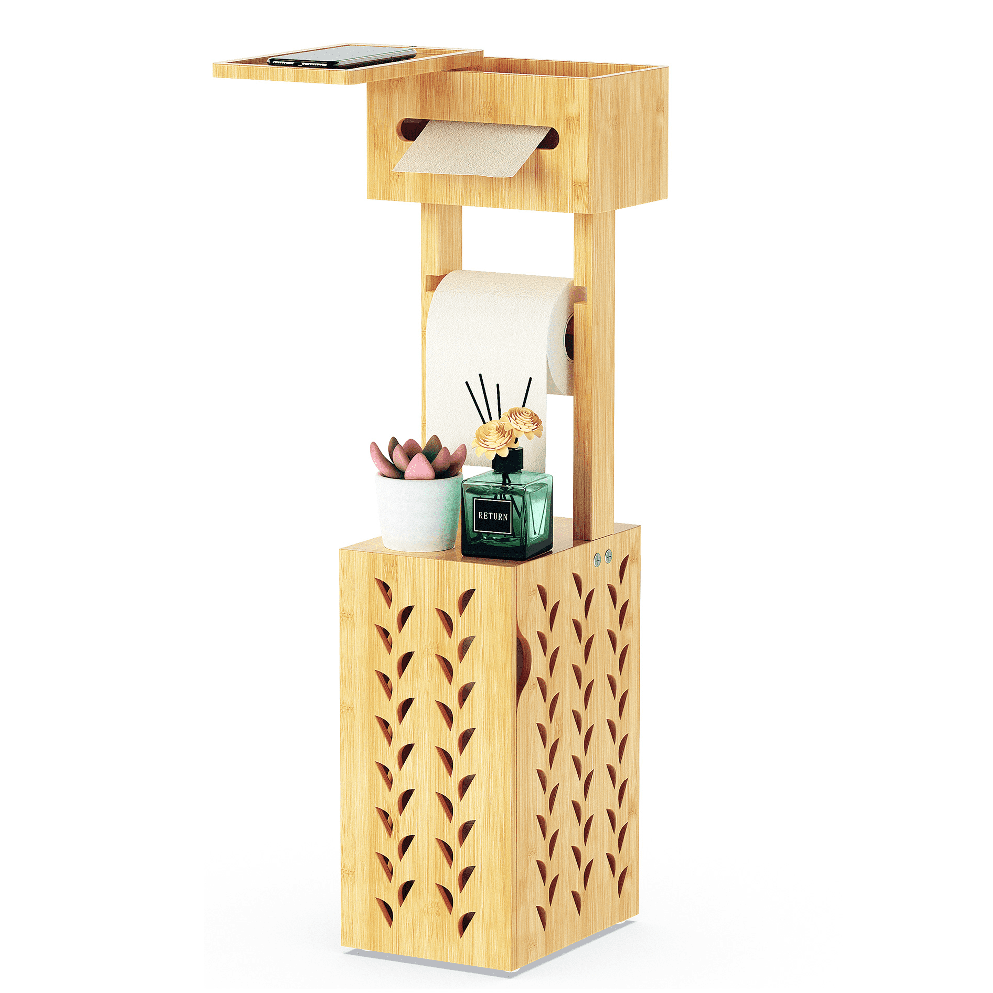 Free Standing Toilet Paper Holder Stand with Storage Box, Bamboo Toilet ...