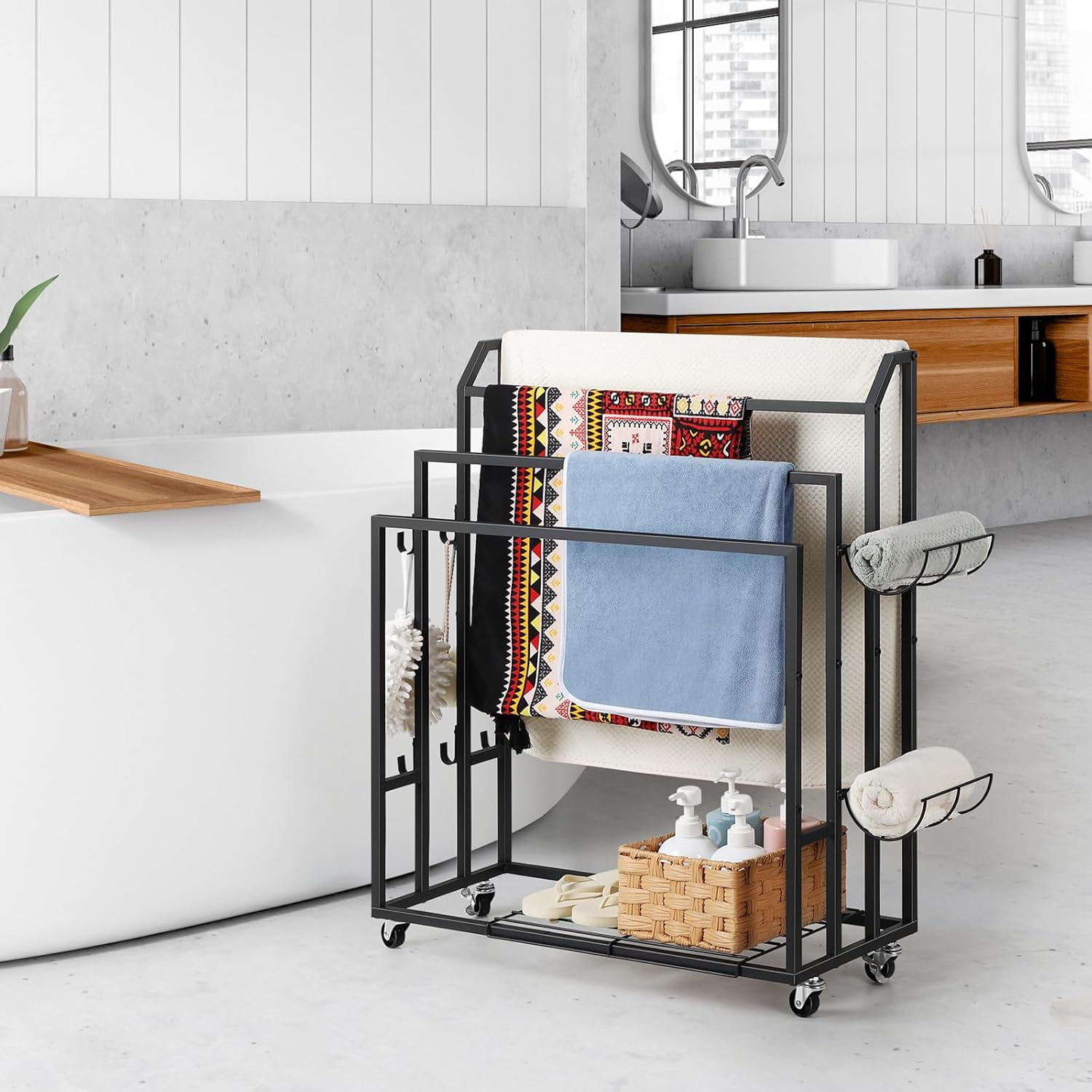 Free Standing Towel Rack 4 Tier Floor Towel Stand with Wheels ...