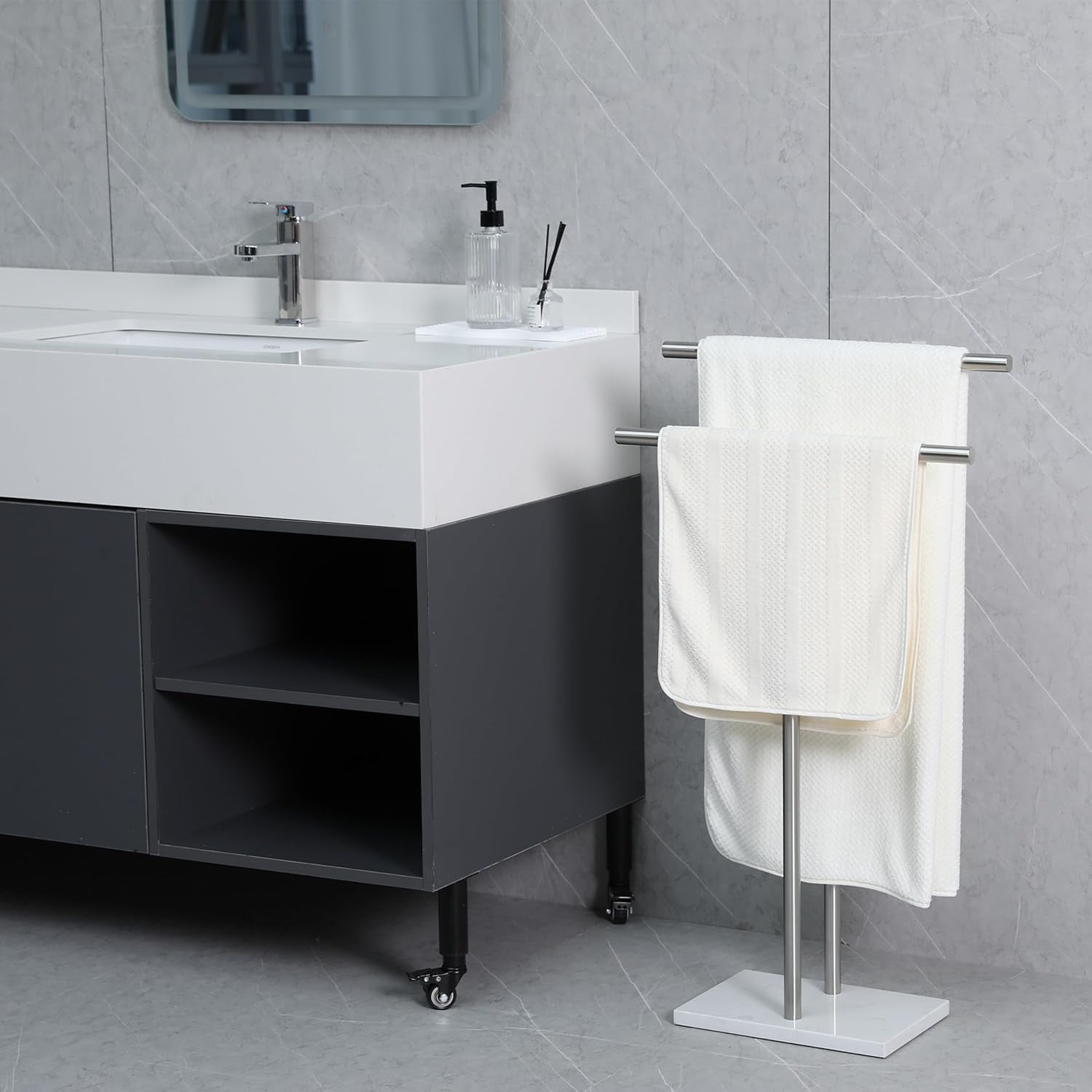 Free Standing Towel Rack for Bathroom - Brushed Nickel Finish - Stand ...