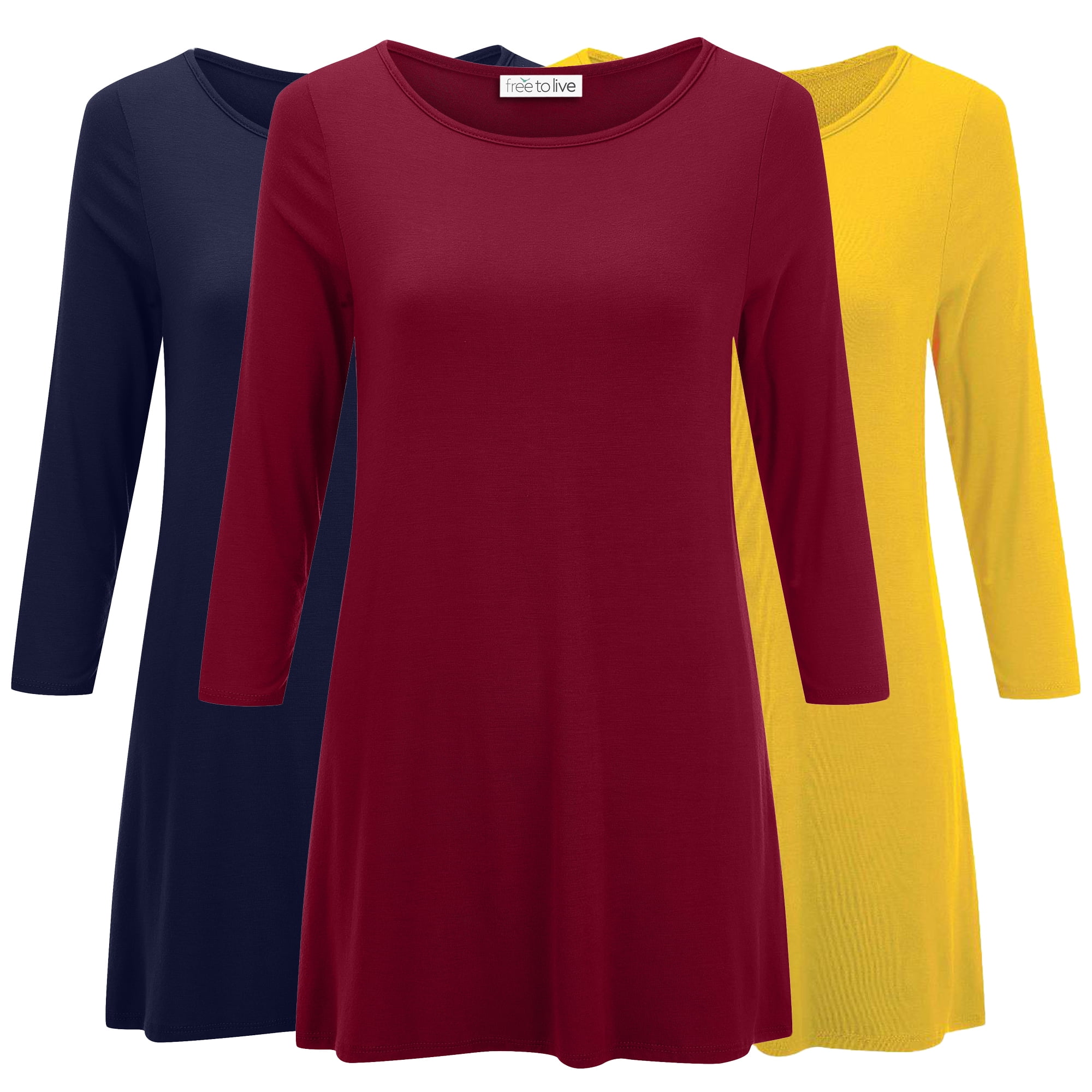 Free to Live 3 Pack Women's Loose Fit Long Elbow Sleeve Extra Long Jersey Tunics - Walmart.com