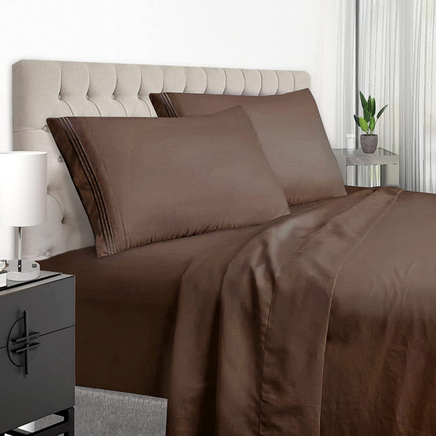 FreeLung Queen Size Bed Sheets Set, Brown, 1800 Thread Count, Deep ...