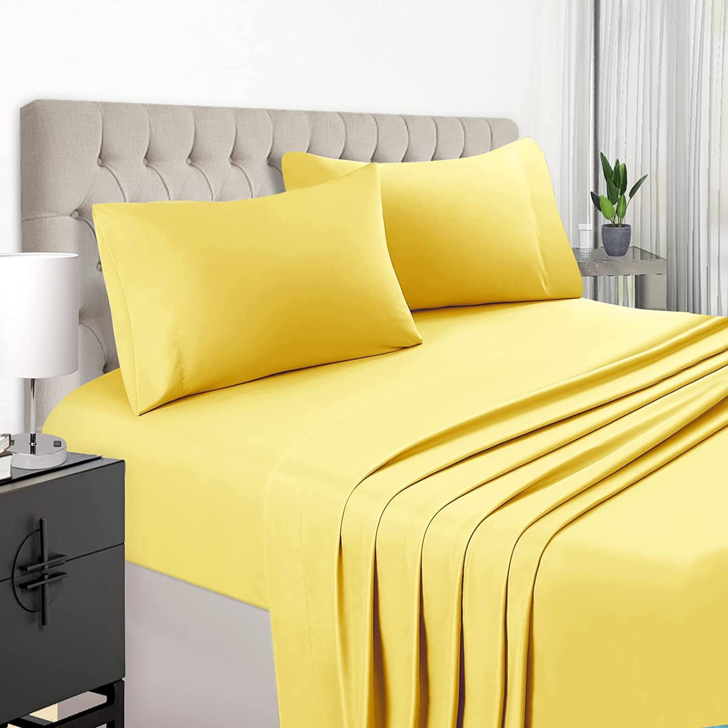 FreeLung Yellow King Size Bed Sheet Set - Deep Pocket to 21 inches ...