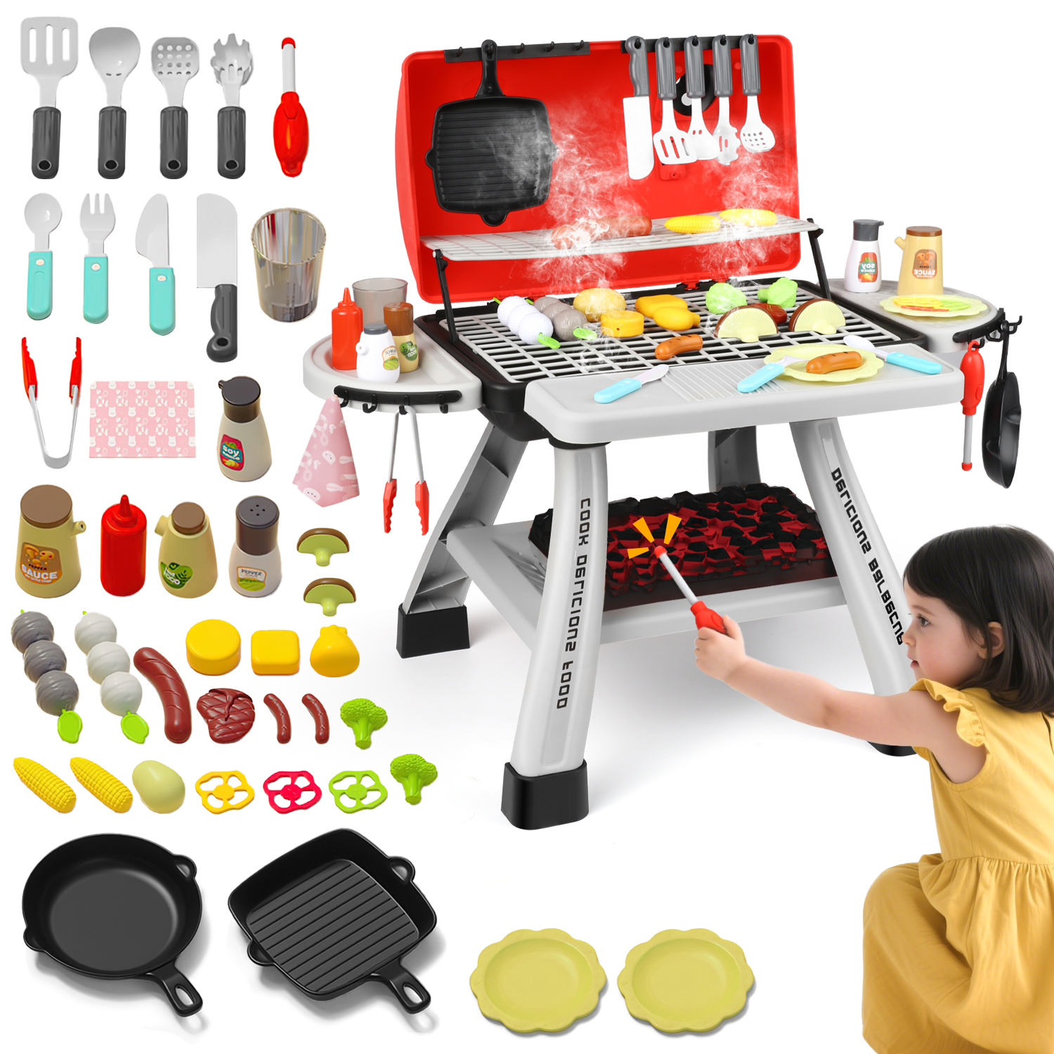 Freecat 41 PCS Kids BBQ Grill Set, Pretend Kitchen Playset for Ages 2-6 ...