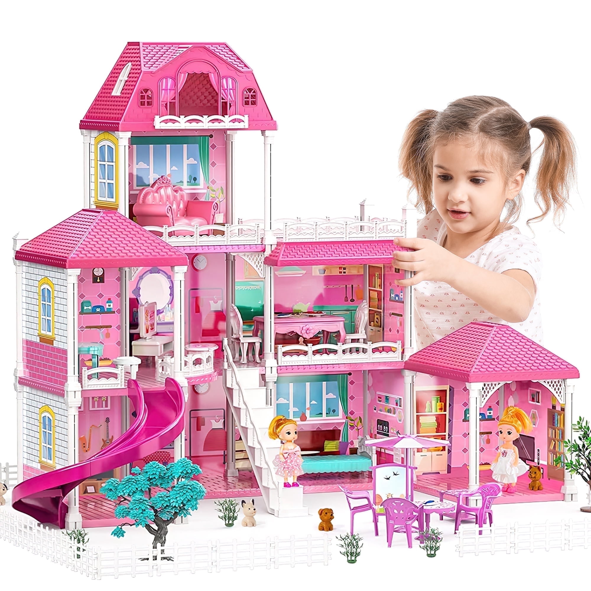 Freecat 8 Rooms 24.8'' Dollhouse for Girls, Dolls Funiture with Slide ...