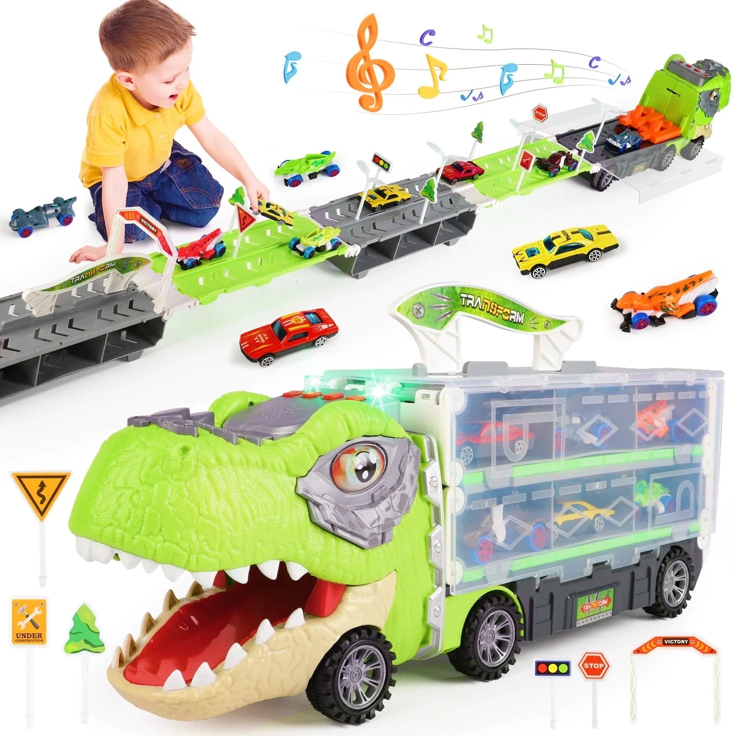 Freecat Dinosaur Toys with 6 Mini Alloy Car, 7-in-1 Dinosaur Toy Trucks ...
