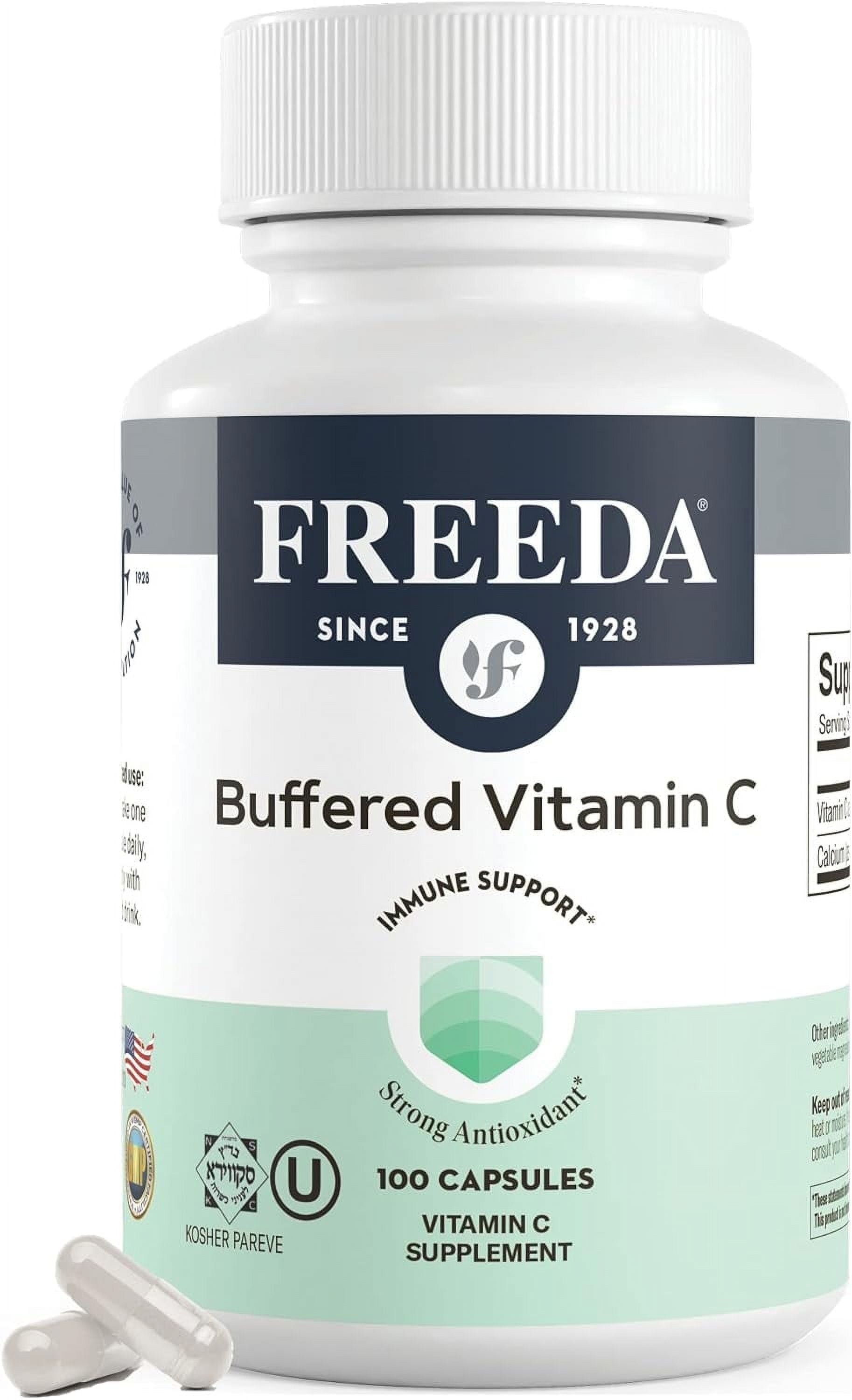Freeda Buffered Vitamin C Supplement Capsules with Calcium for Sensitive Stomachs, 100 Count ...