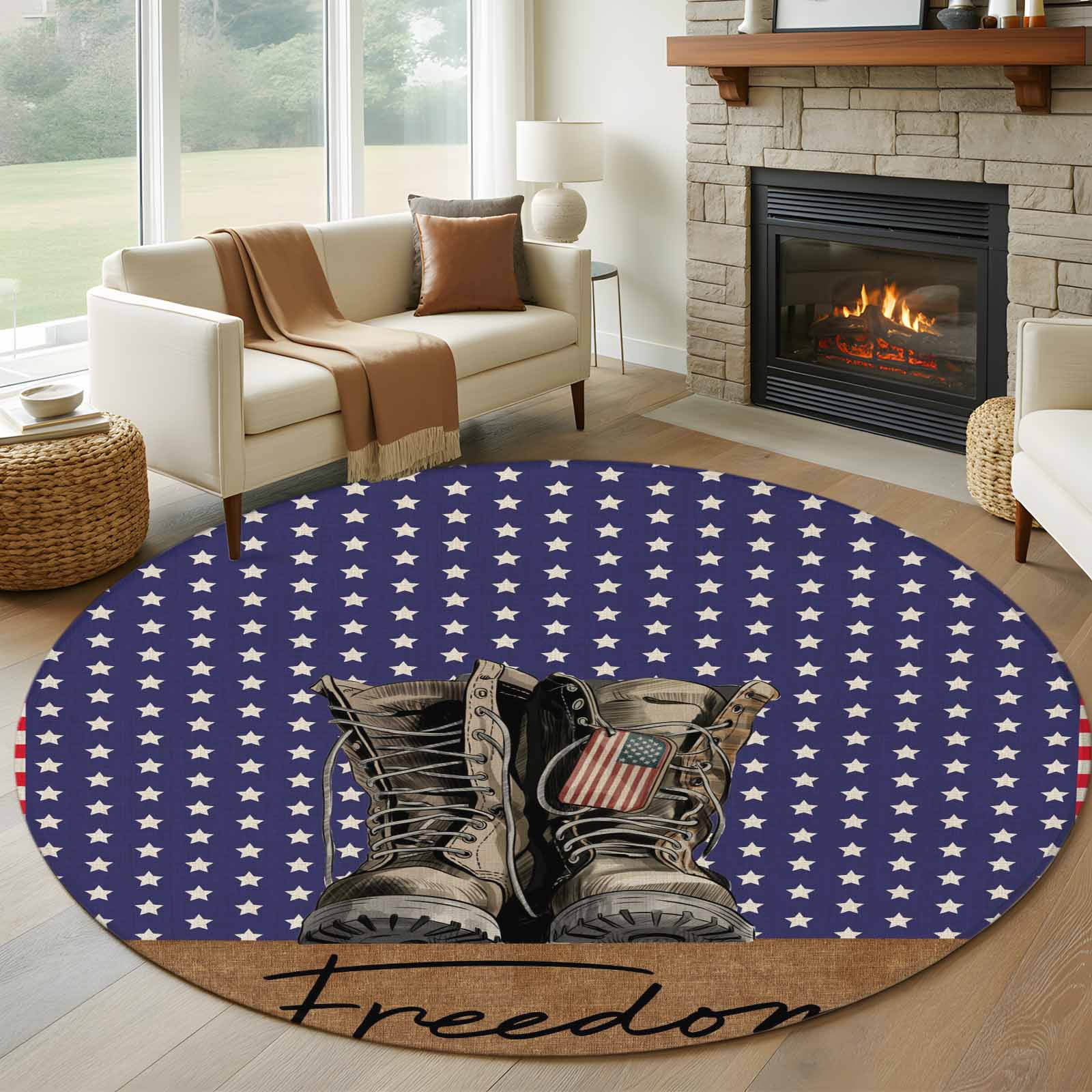 Freedom Boots Round Area Rug 6 FT, Non Slip Bedroom Rugs, Independence ...