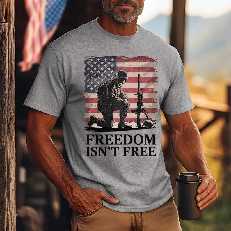 Freedom Isn't Free Shirt - Kneeling Soldier USA Flag Tee, Memorial Day ...