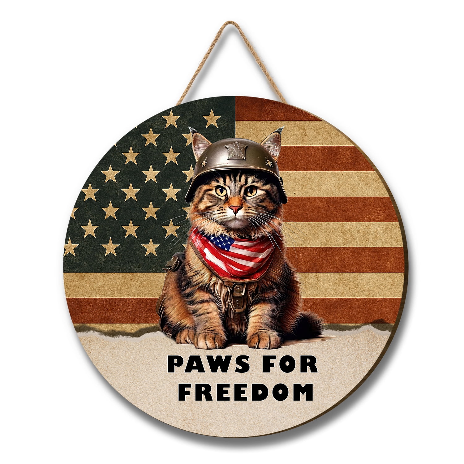 Freedom Paws Patriotic Maine Coon Vintage Memorial Day Round Wood Sign ...