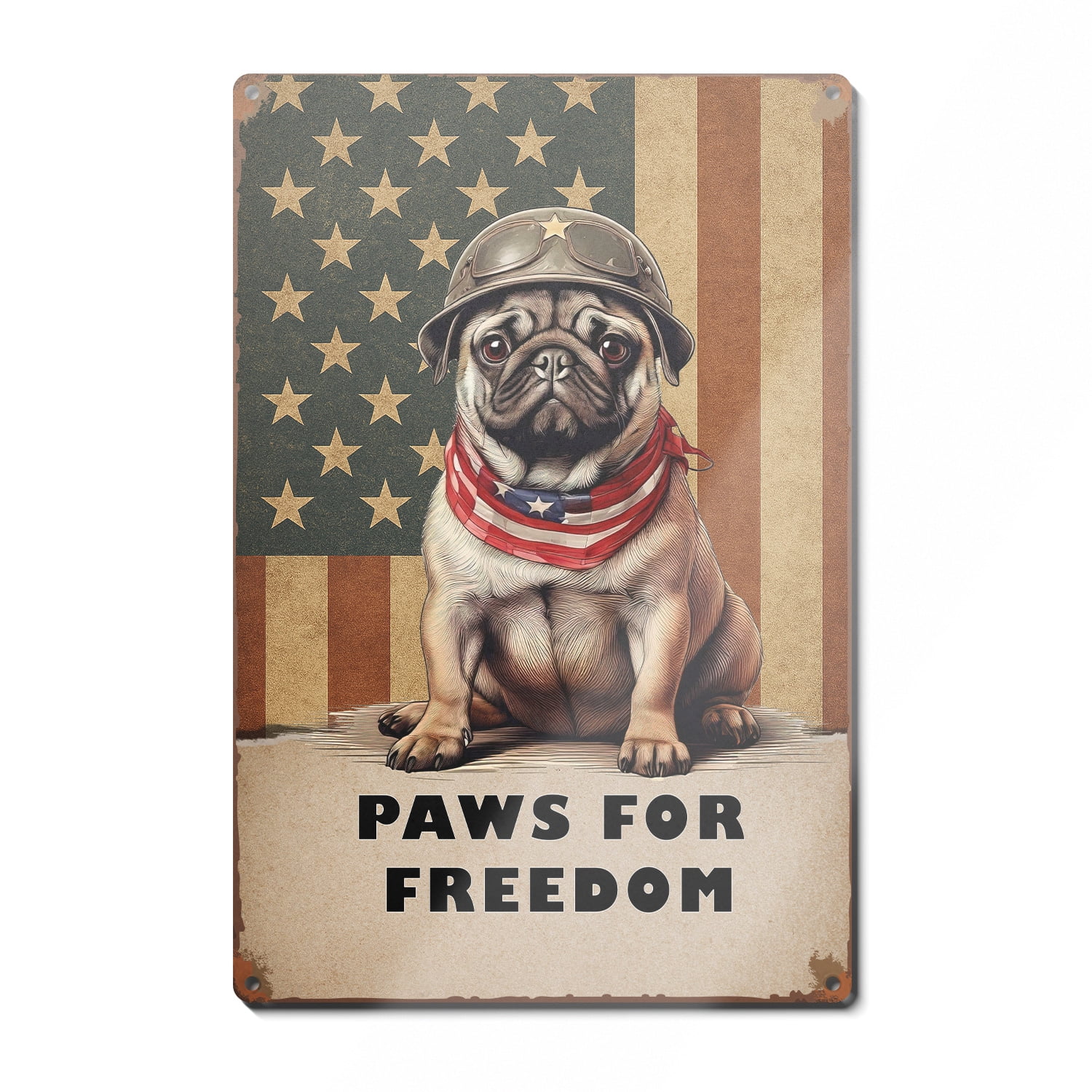 Freedom Paws Patriotic Pug Vintage Memorial Day Vertical Metal Aluminum ...
