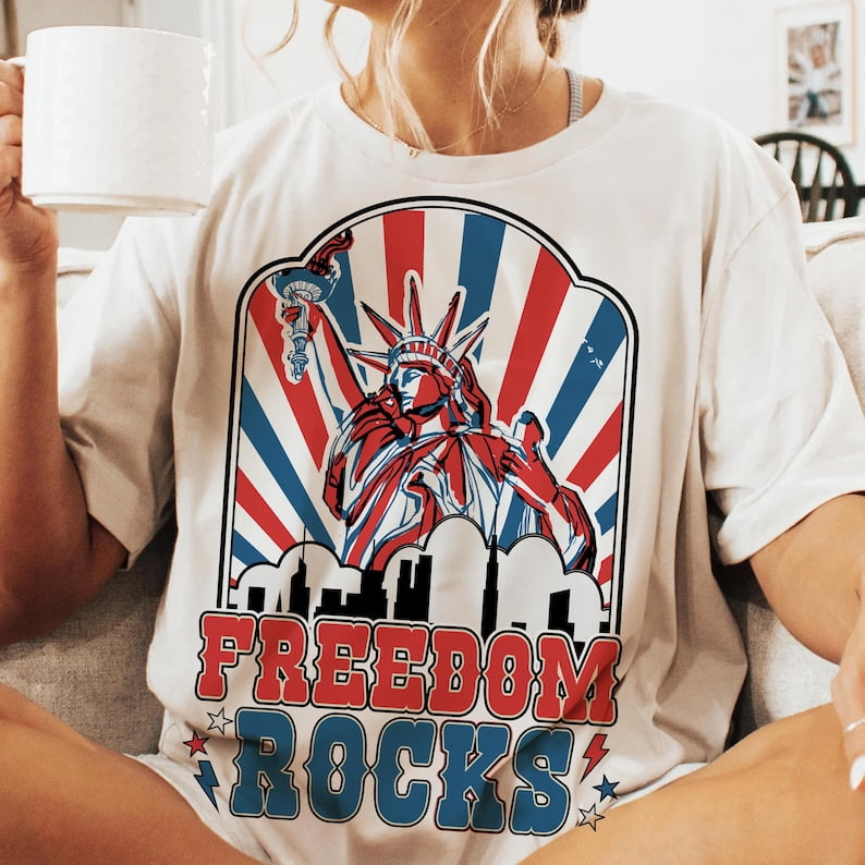 Freedom Rocks T-Shirt – Retro Statue of Liberty Tee for 4th of July ...