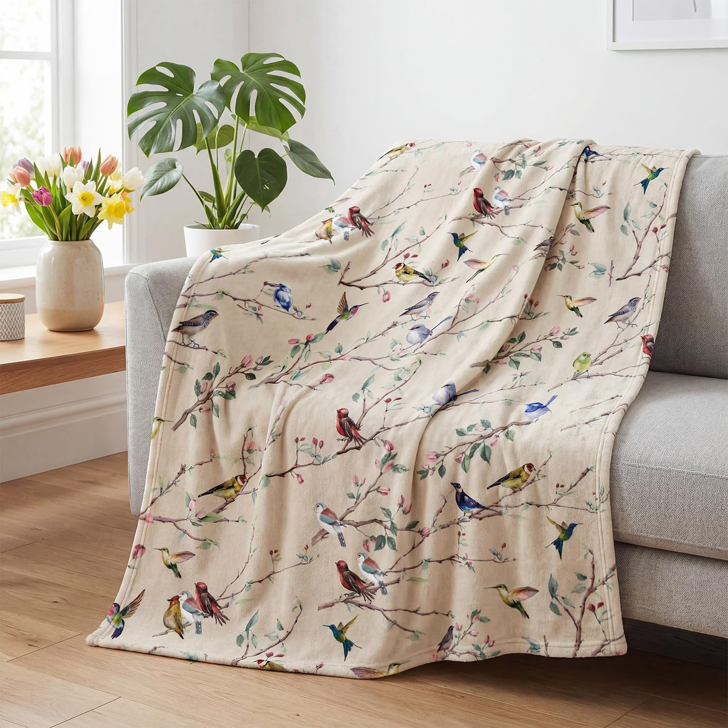 Freedom Spring Summer Flannel Blanket Throw, Birds Branch Biege Floral ...