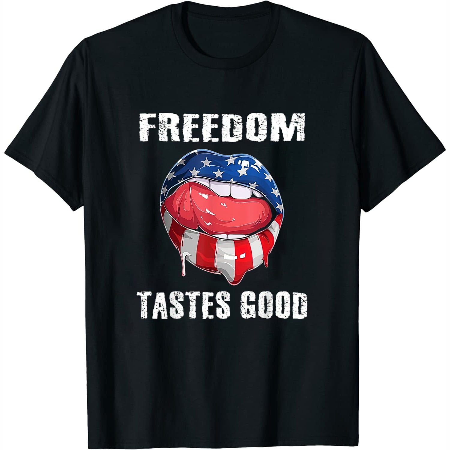 Freedom Tastes Good 4th Of July USA Flag Lips Women Teens T-Shirt Black ...