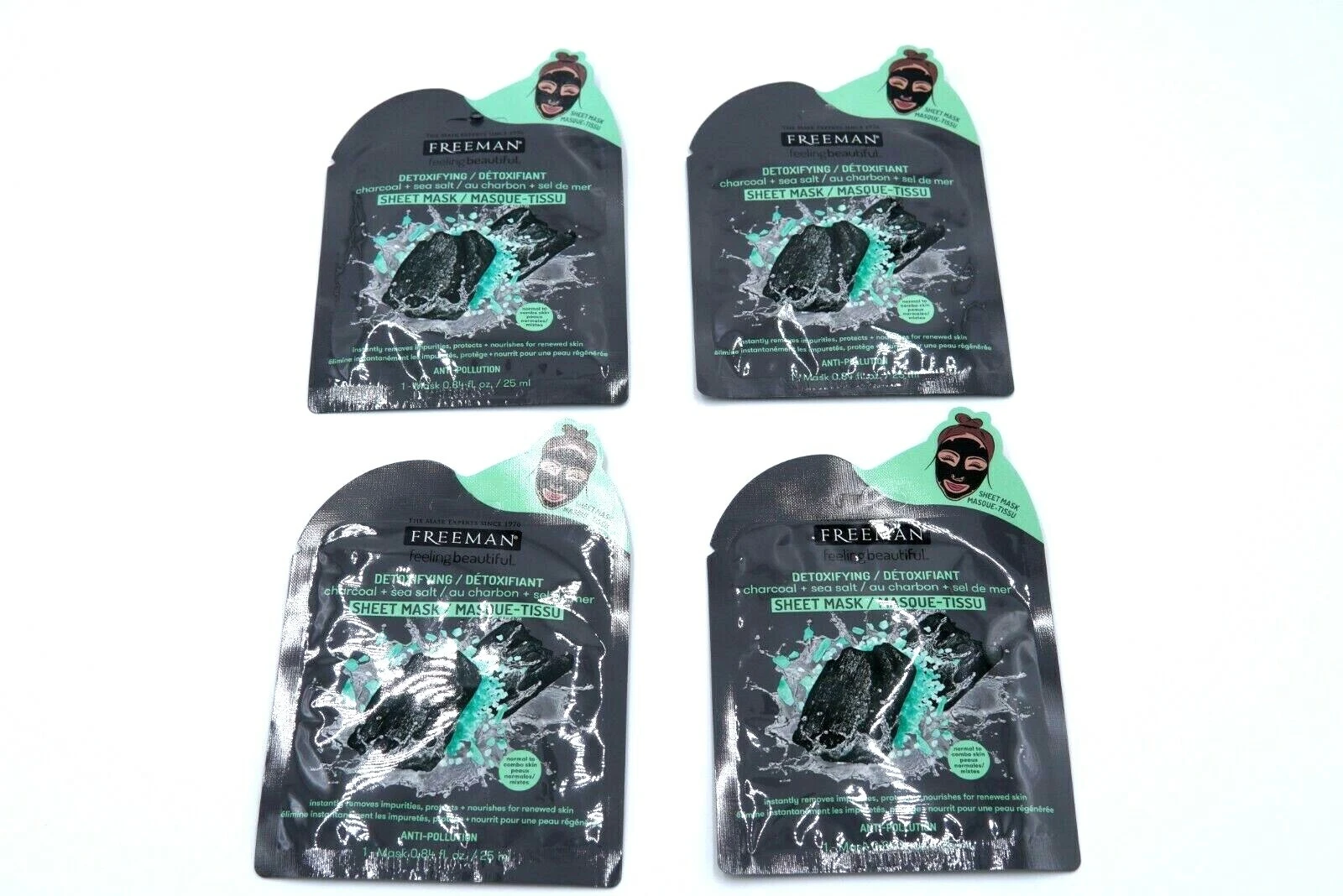 Freeman Detoxifying Charcoal + Sea Salt Sheet Face Masks 4 Pack New ...