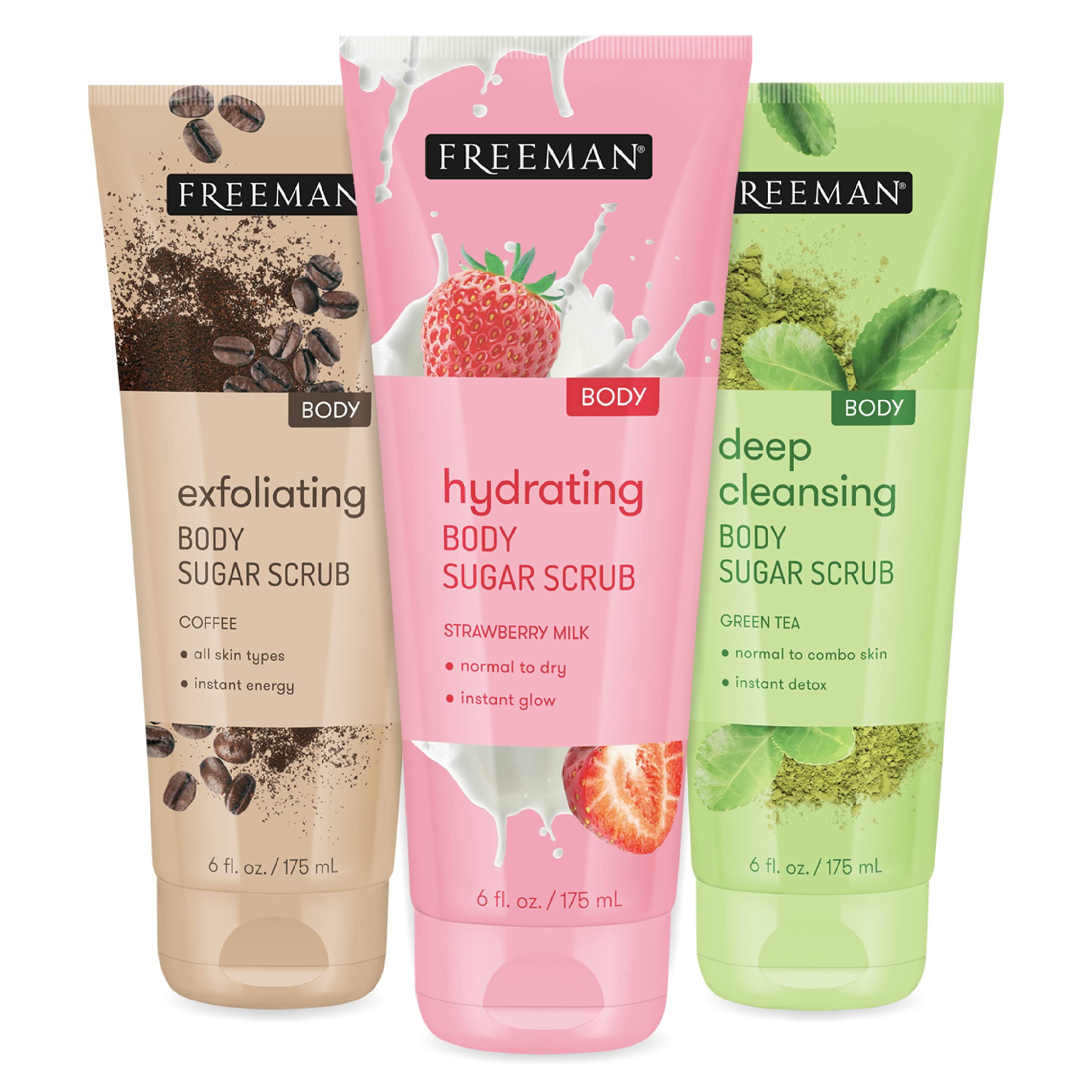 Freeman Sugar Body Scrub Set, Strawberry Milk, Green Tea, And Coffee ...
