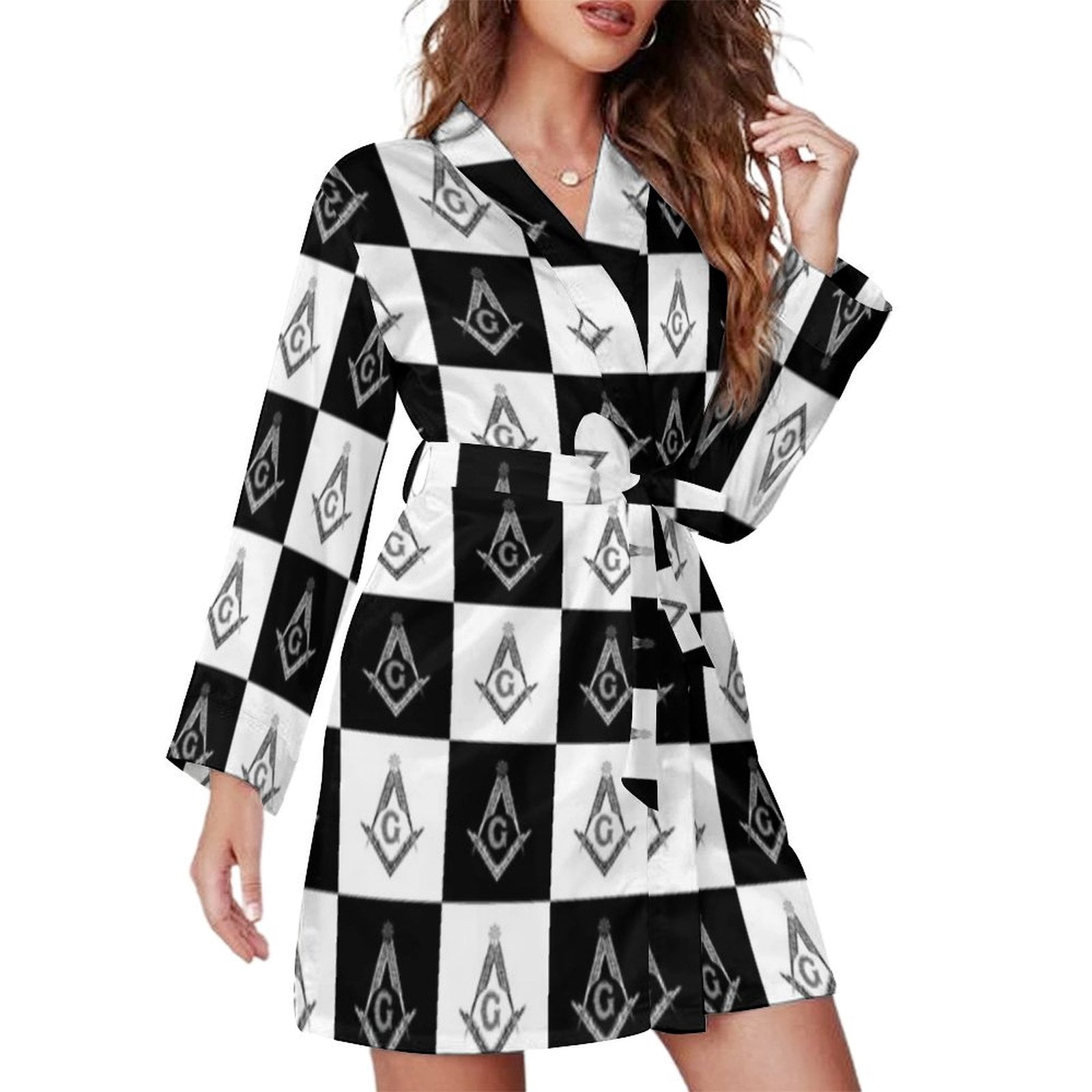 Freemason Checkered Pattern Night Robe Long Sleeve V Neck Robe With ...
