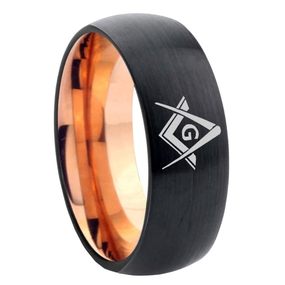 Freemason Masonic 8MM Dome Black And Rose Gold Tungsten Men Ring ...