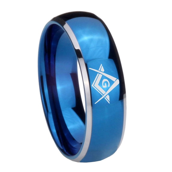 Freemason Masonic 8MM Polished Blue 2 Tone Dome Tungsten Men Ring ...