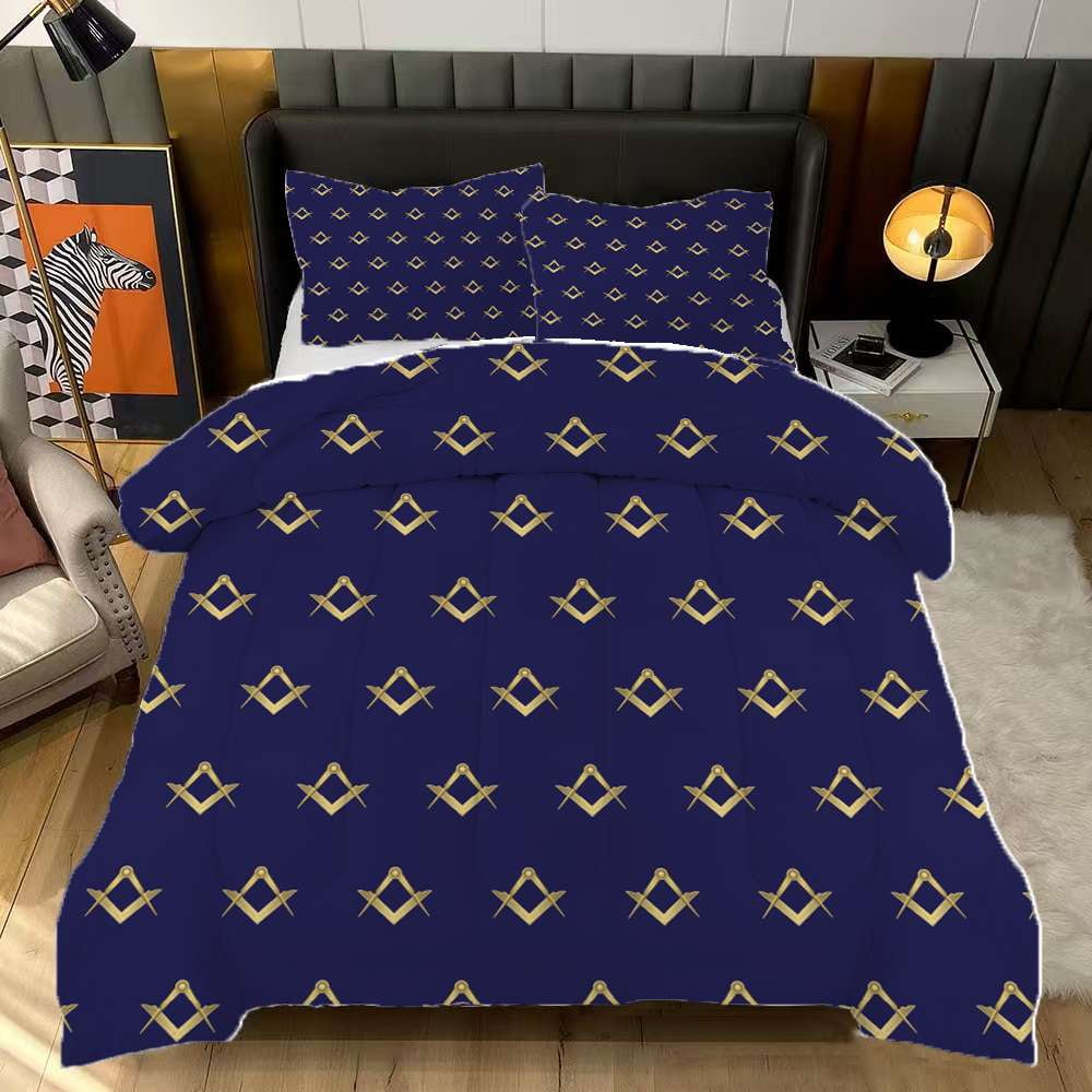 Freemason Pattern Gold Blue Square And Compass Comforter Set Full Size ...