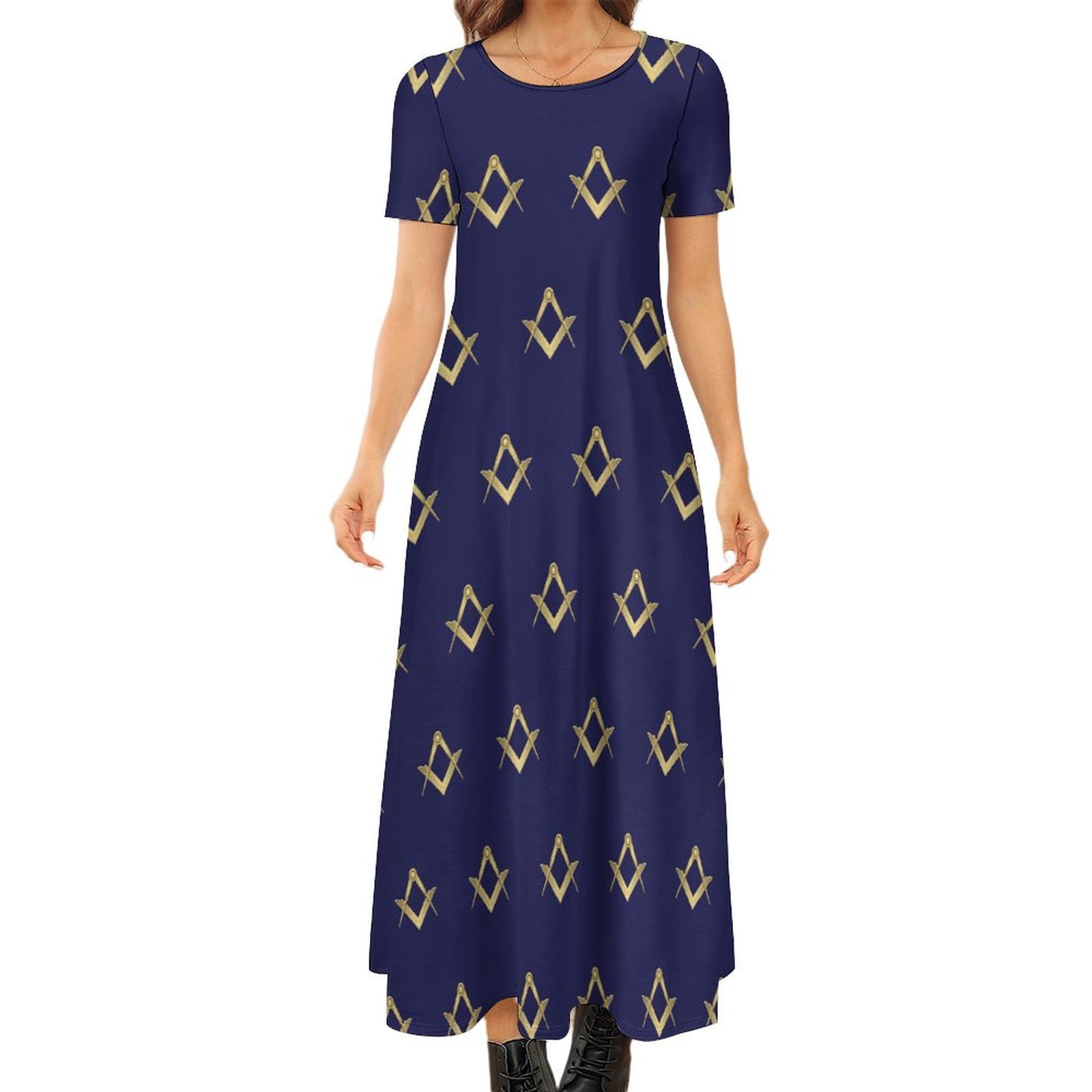 Freemason Pattern Gold Blue Square And Compass Maxi Dress for Women ...