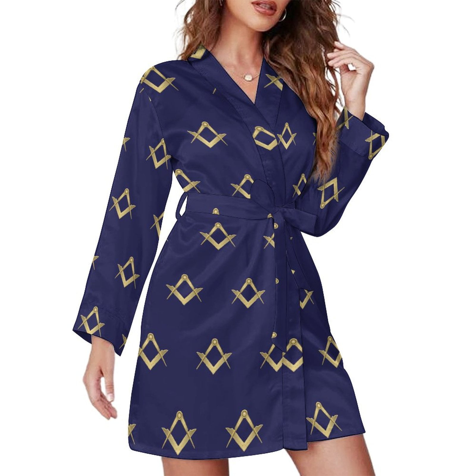 Freemason Pattern Gold Blue Square And Compass Night Robe Long Sleeve V ...
