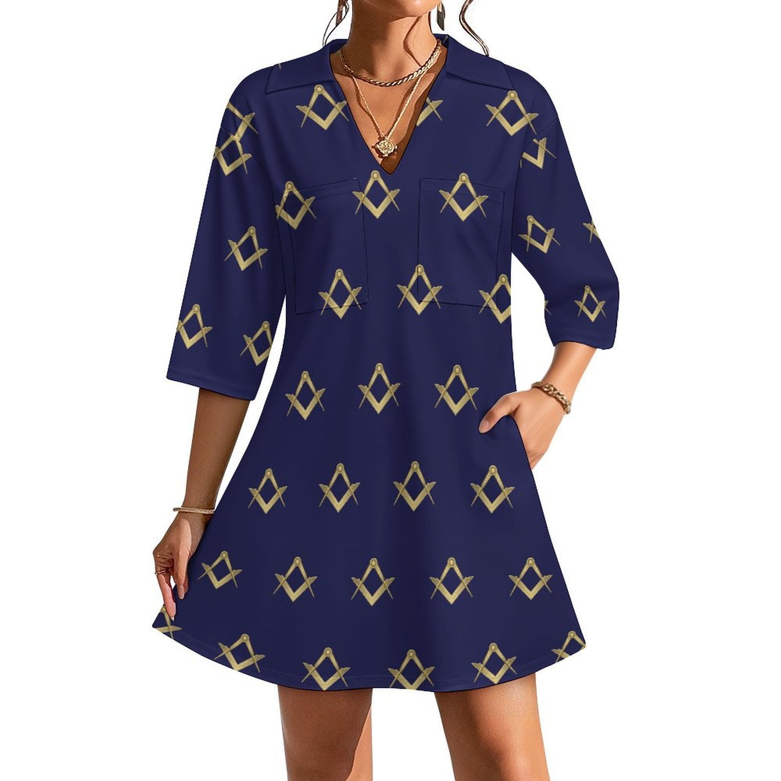 Freemason Pattern Gold Blue Square And Compass Womens Dress With ...