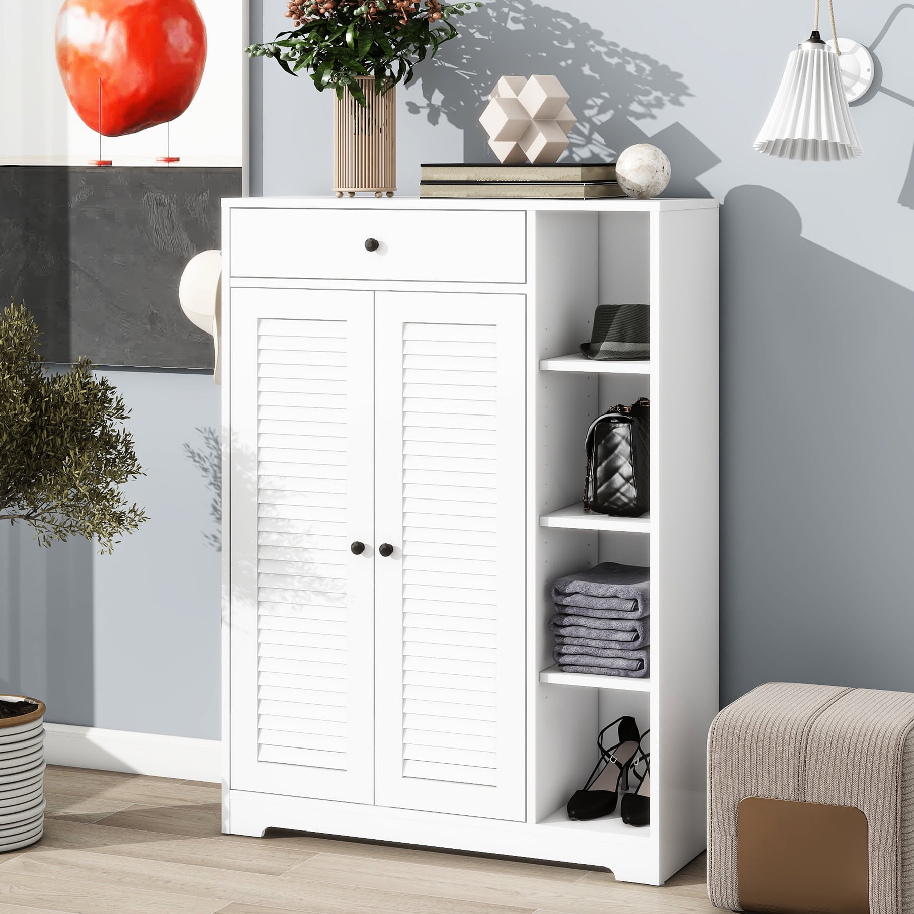 Freestanding 2 Shutter Door Shoe Storage - Modern Slim White Cabinet ...