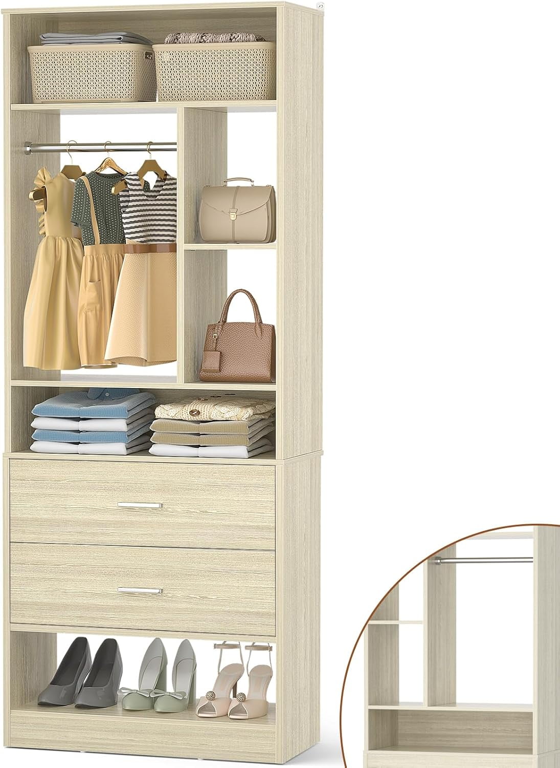 Freestanding 24" Closet System with 2 Wood Drawers, 2FT Small Closet ...