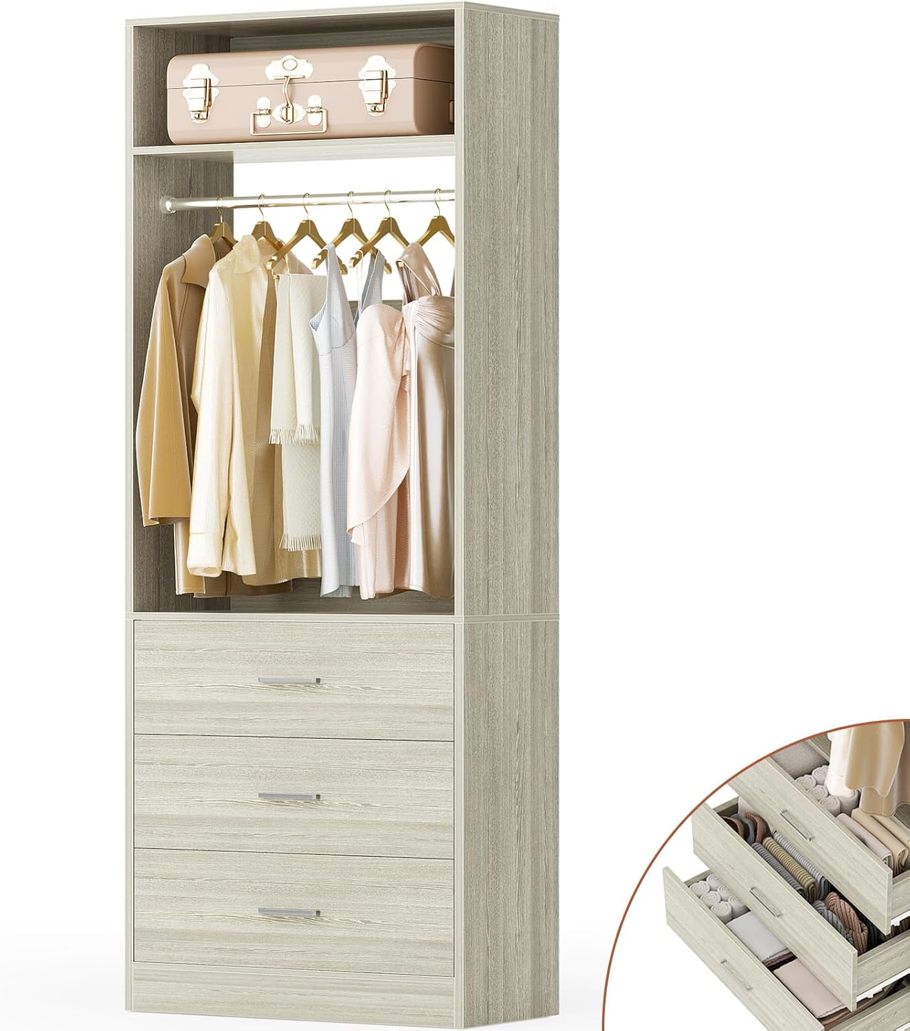 Freestanding 2FT Closet System with 3 Wood Drawers, 24" Closet ...