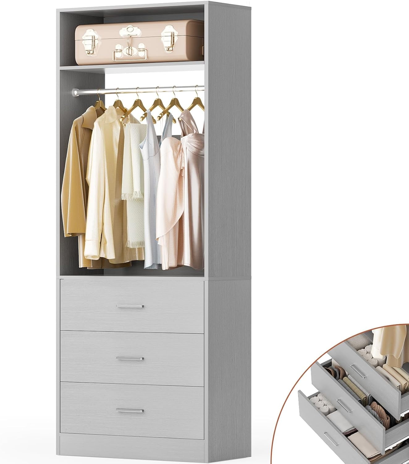 Freestanding 2FT Closet System with 3 Wood Drawers, 24" Closet ...