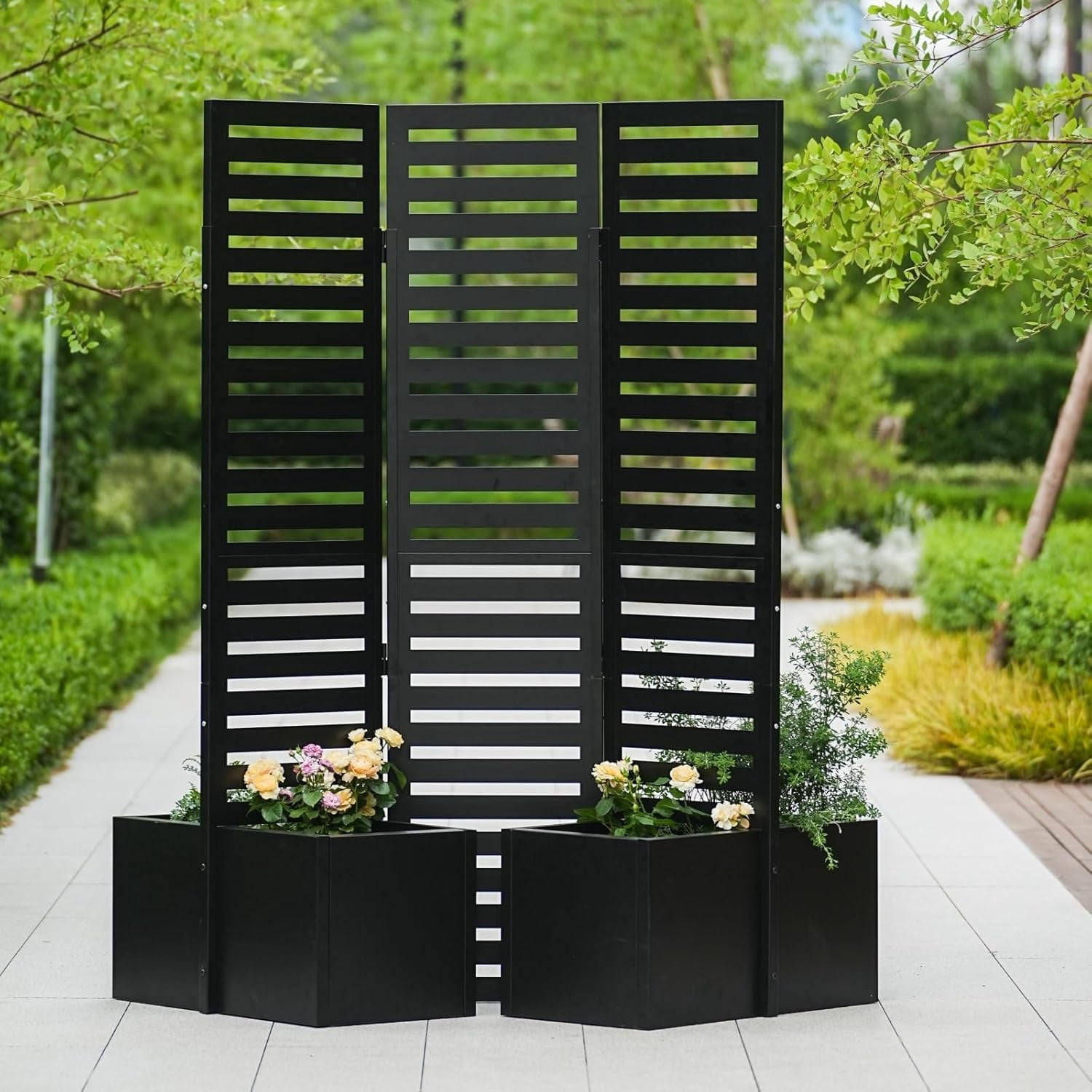 Freestanding 3-Panel Metal Privacy Screen with 4 Raised Self-Watering ...