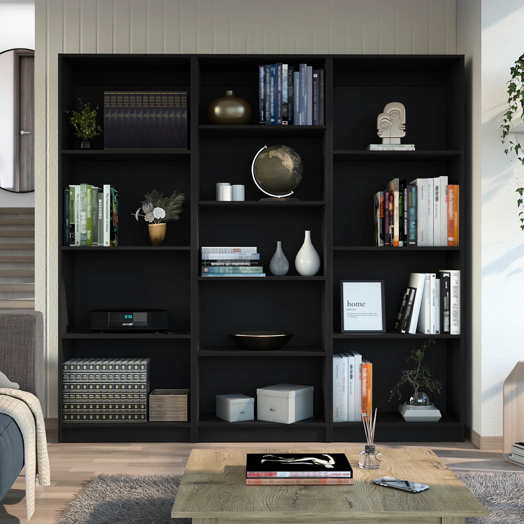 Freestanding 3-Piece Bookcase, 74" Width, Black, Modern Design / Open ...