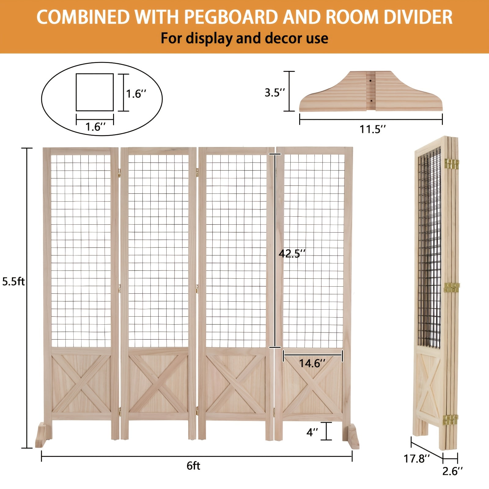 Freestanding 4-Panel Decorative Wooden Folding Gridwall Room Divider ...