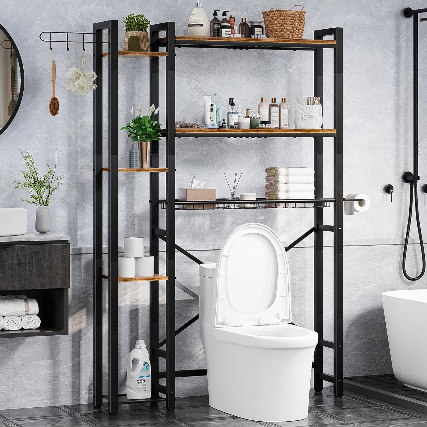 Freestanding 7-Tier Above Toilet Shelf - Bathroom Storage Organizer ...