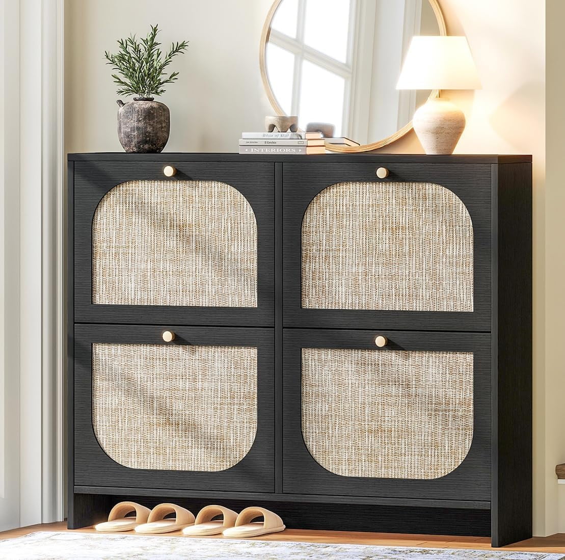 Freestanding Arched Rattan Accent Ultra Slim Shoe Cabinet for Entryway ...