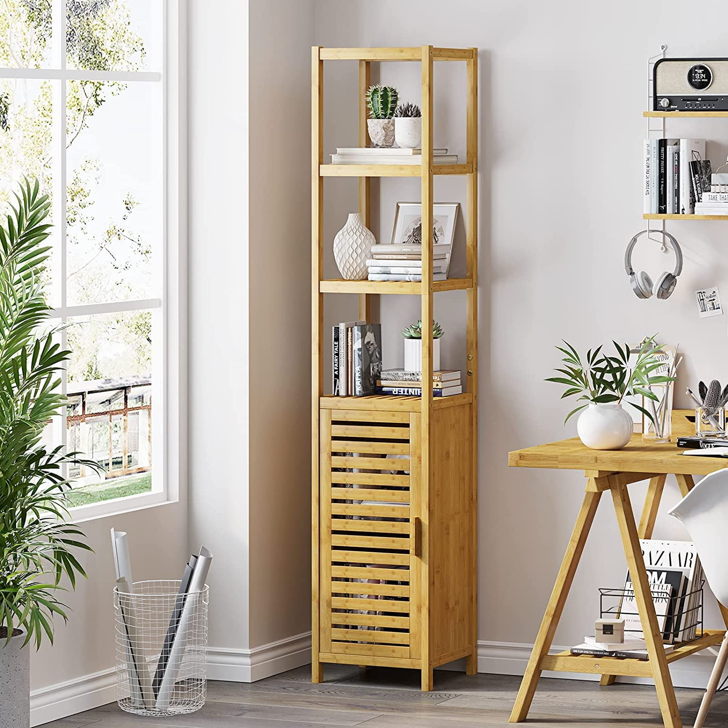 Freestanding Bamboo Cabinet: Slim Storage Tower with Shutter Door, 3 ...