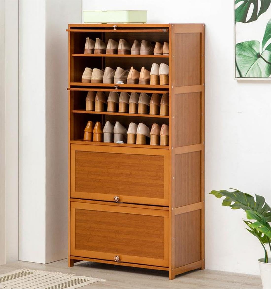 Freestanding Bamboo Shoe Cabinet with Flip Doors, 9 Tiers Shoe Rack ...