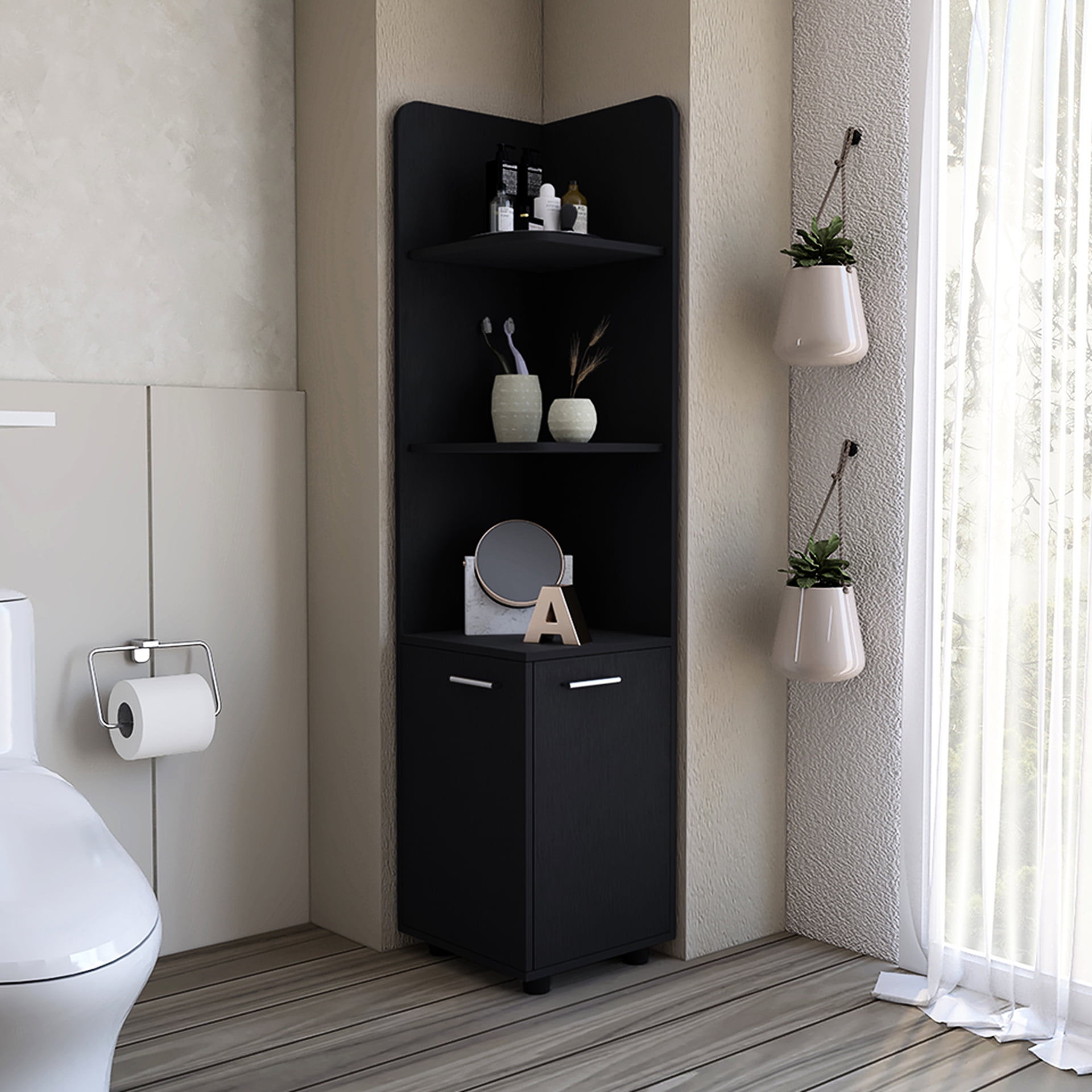 Freestanding Bathroom Cabinet, Black, 1 Drawer, 3 Shelves, Fresh ...