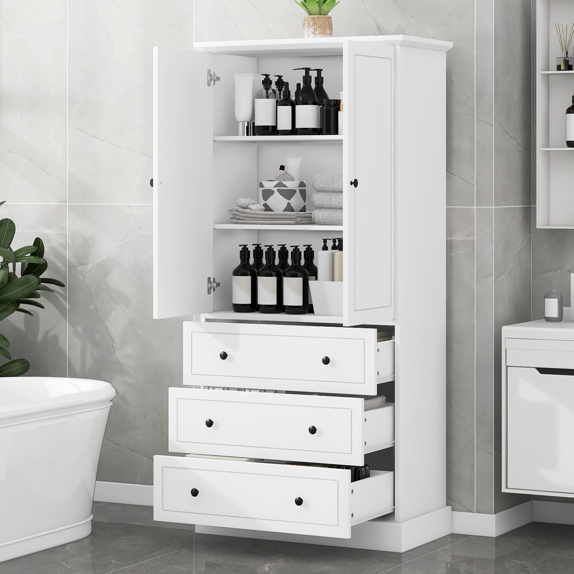 Freestanding Bathroom Storage Cabinet with Doors & 3 Large Drawers ...