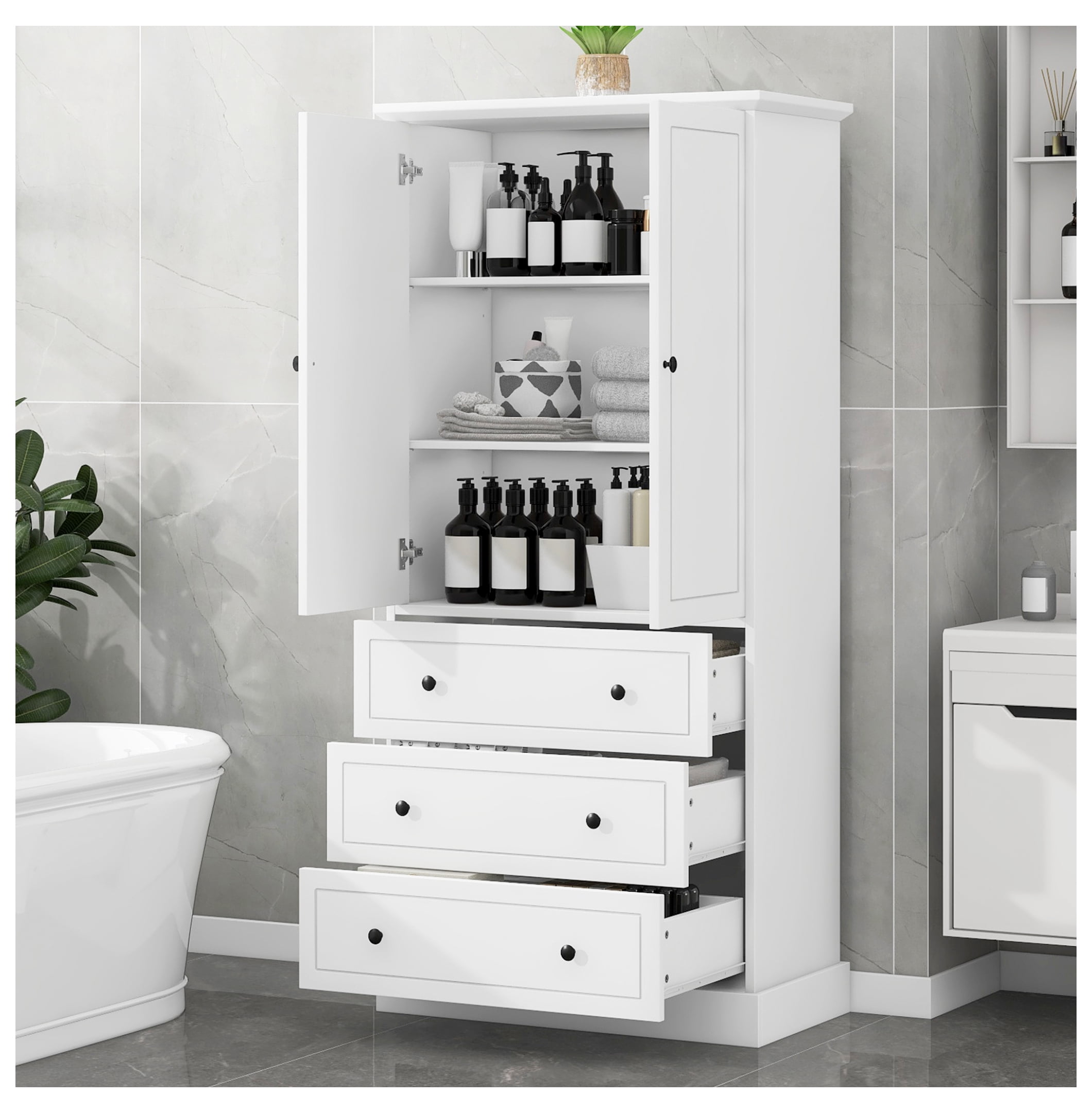 Freestanding Bathroom Storage Cabinet with Doors & 3 Large Drawers ...