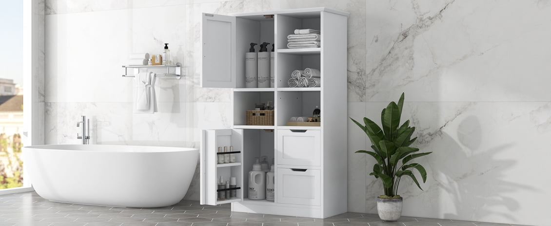 Freestanding Bathroom Storage Cabinet with Doors & Drawers, Adjustable ...