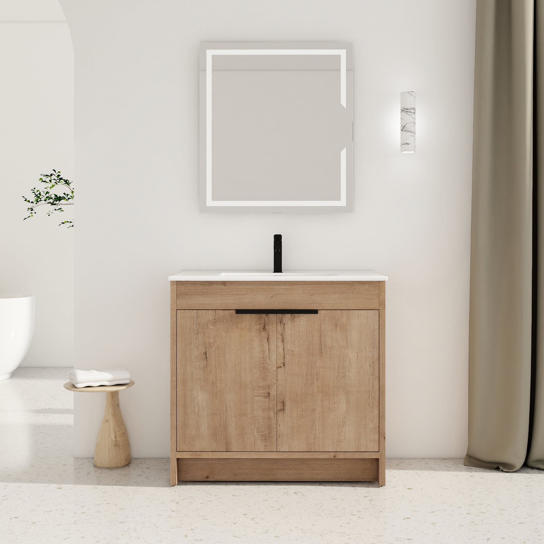 Freestanding Bathroom Vanity With Ceramic Basin. Metal Handles & Doors ...